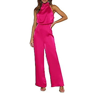 PRETTYGARDEN Women's Satin Jumpsuits 2024 Summer One Piece Outfits Mock Neck Sleeveless Wide Leg Pants Rompers (Rose Red,Medium)
