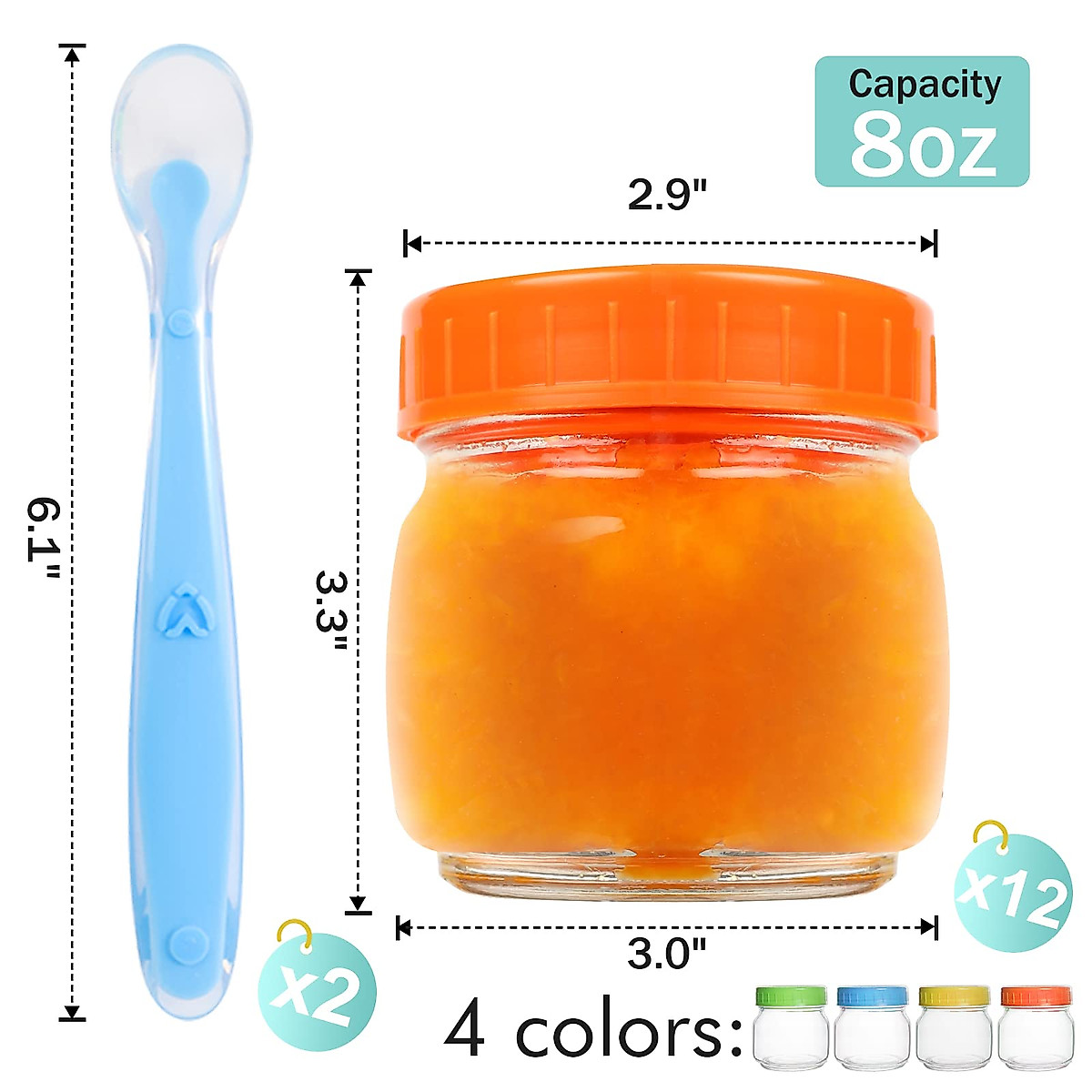GoldArea 12 Pack Baby Food Containers, 8 oz Glass Storage Containers with Lids, Baby Feeding Supplies, Glass Snack Containers for Kids, Glass Baby Food Jars, 2 Pcs Baby Spoons Included