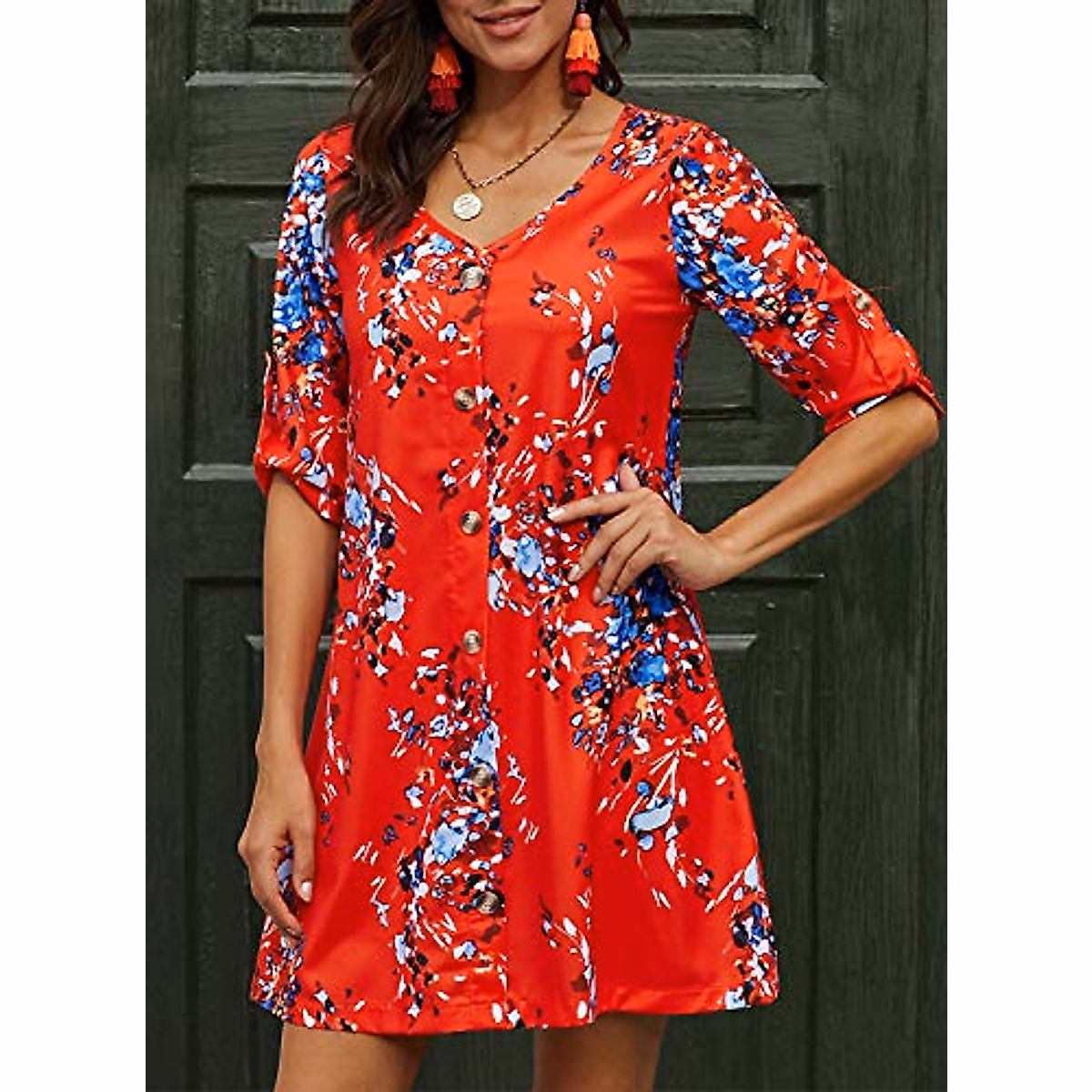 AlvaQ Women Boho Floral Print Dress Summer V Neck Short Sleeve Button Down Loose Skater Mini Dresses Swing Sundress Plus Size Orange 1X