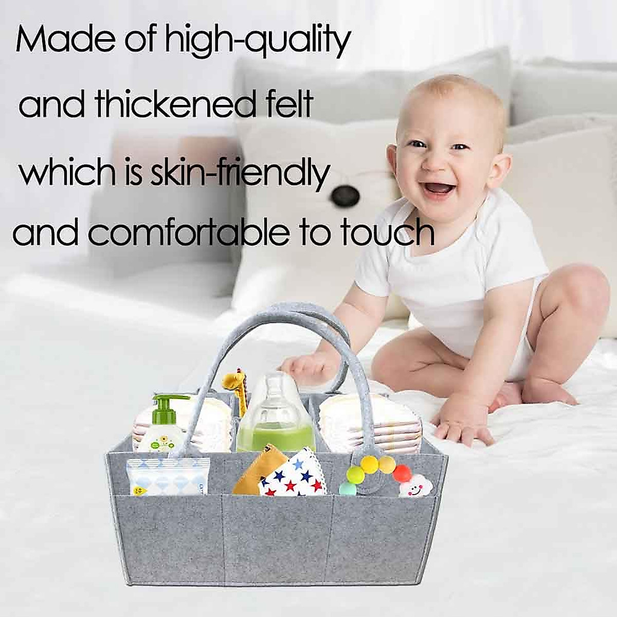 TOFOAN Baby Diaper Caddy Organizer with Removable Inserts,Thickened Felt Nursery Basket,Baby Diaper Bag Organizer with Detachable Dividers,Baby Diaper Caddy Organizer for Changing Table,Car - Grey