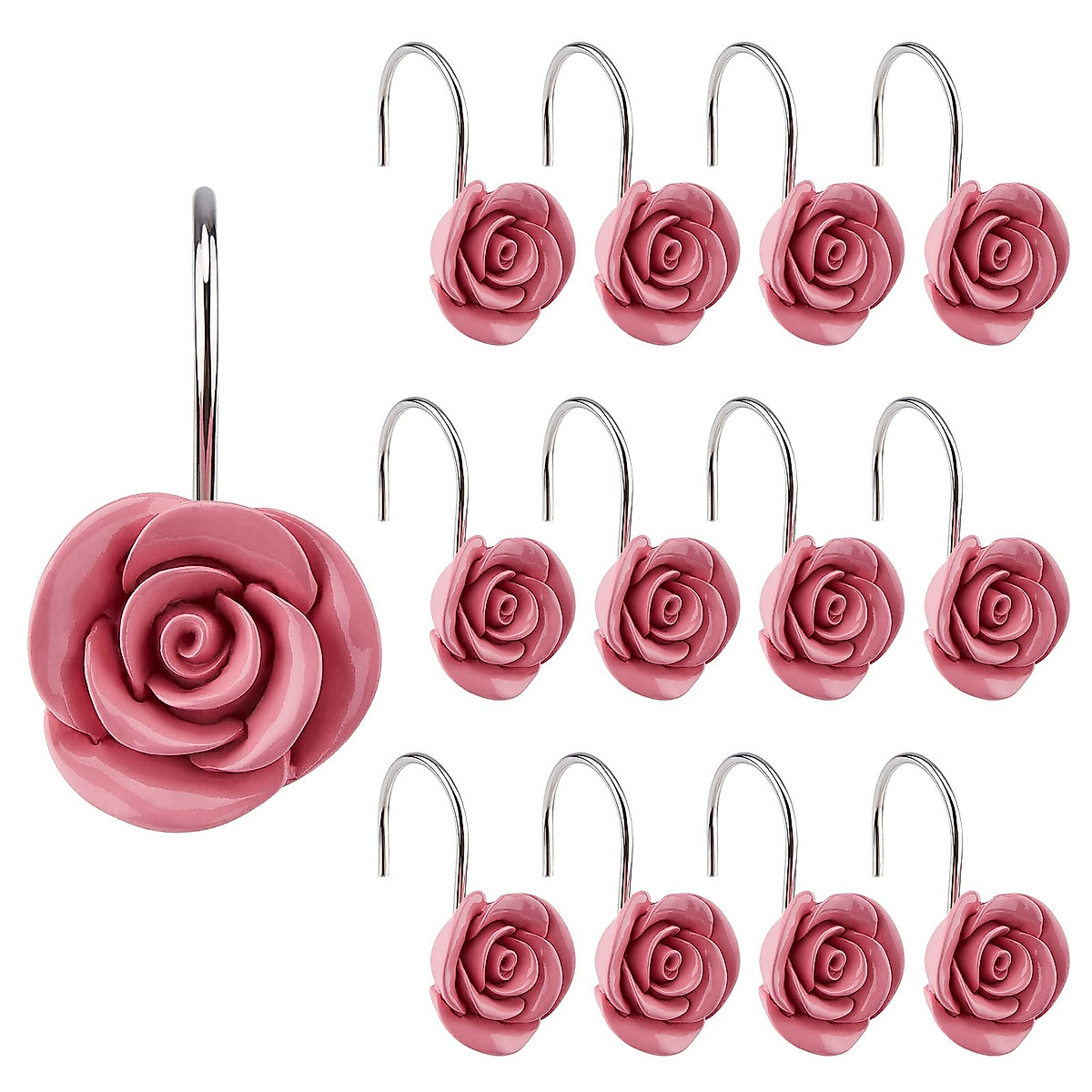 AGPTEK Rose Shower Curtain Hooks, 12PCS Anti Rust Decorative Resin Hooks for Bathroom, Baby Room, Bedroom, Living Room Decor (Pink Rose)