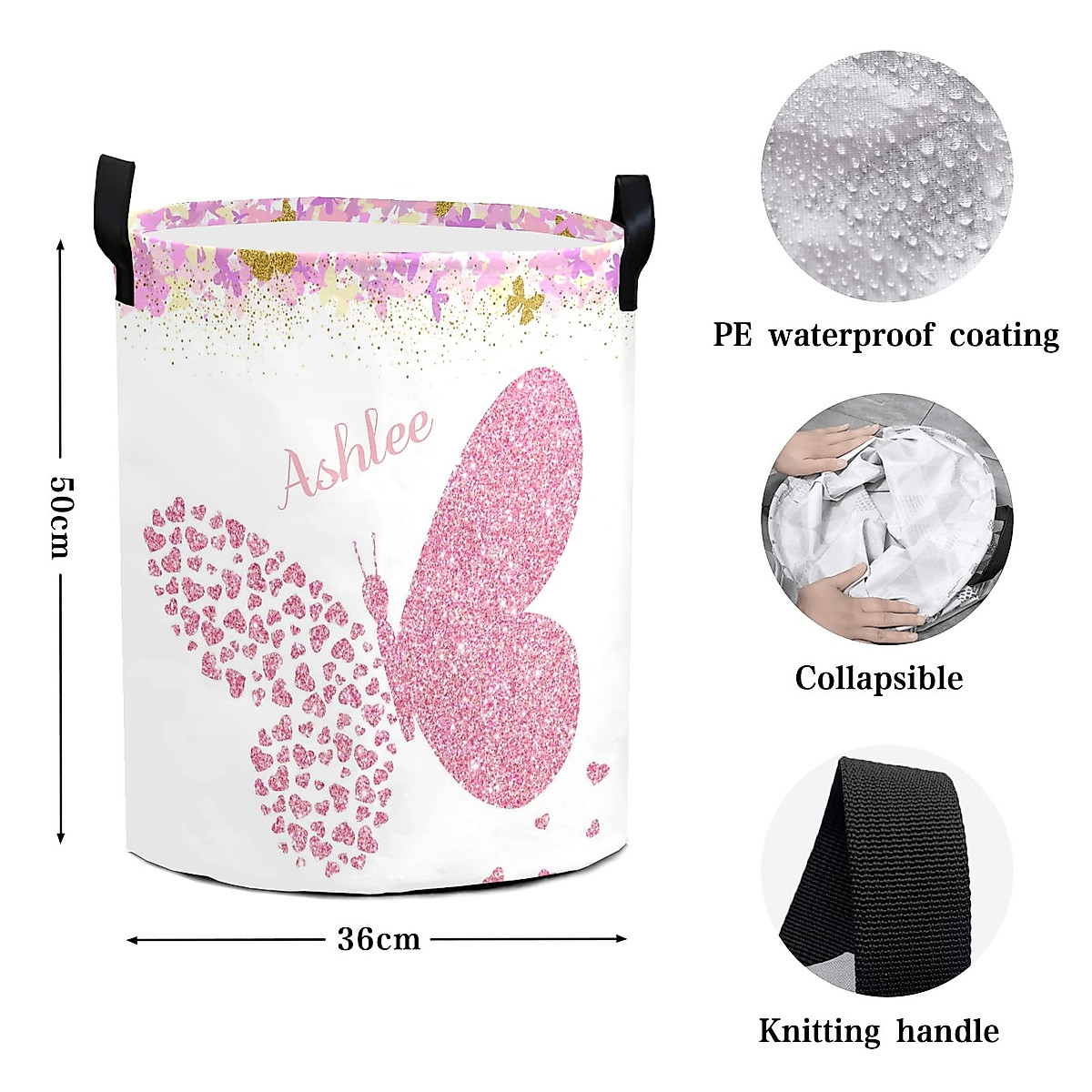 Personalized Laundry Basket, Pink Confetti Butterfly Custom Storage Bins Laundry Hamper with Name Collapsible Toys Organizer