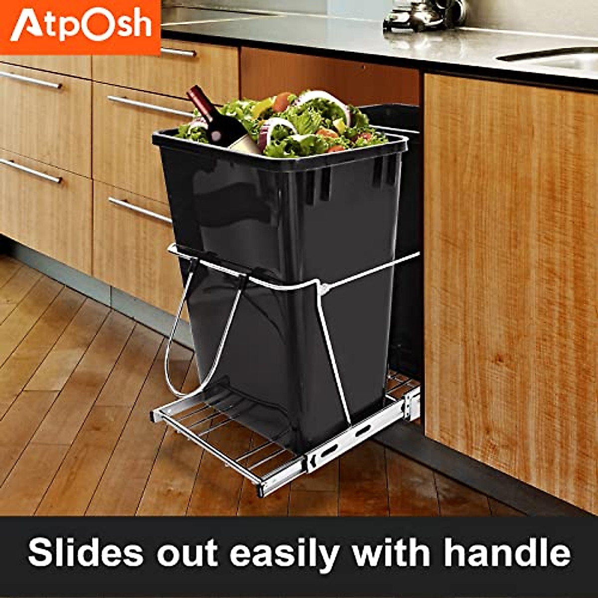 Atposh Double Pull Out Trash Can Under Cabinet, Double 35 Quart Sliding Pull-Out Waste Containers for Kitchen Garbage Trash Can Recycling Bins (Trash Can Not Included), Black