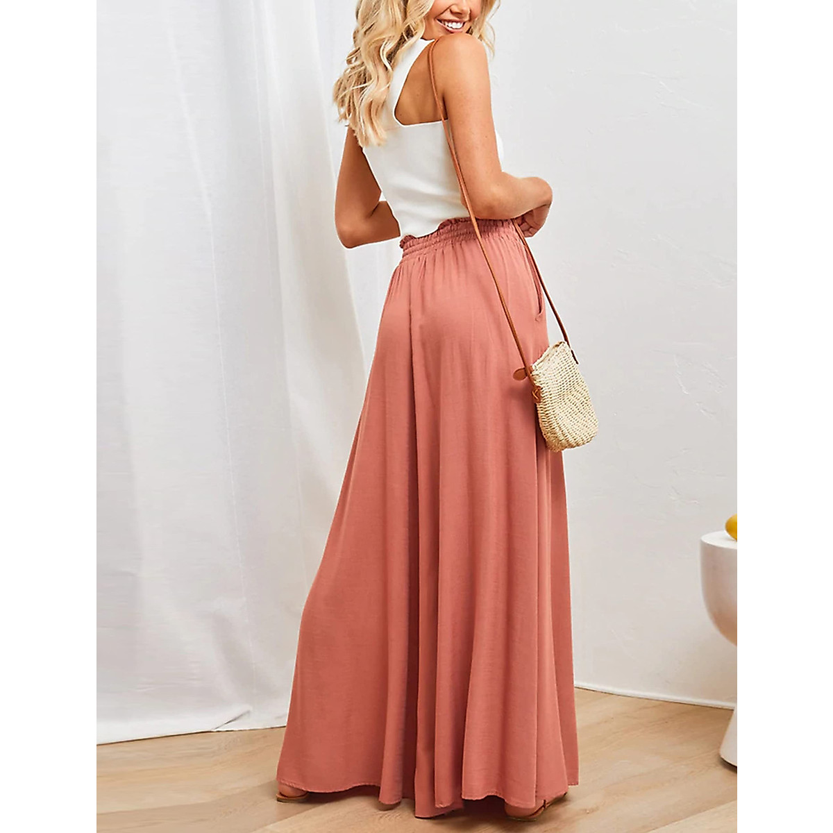 Yidarer Women's Casual Beach Palazzo Pants Flowy Wide Leg Lounge Pants with Pockets(Orange-XL)