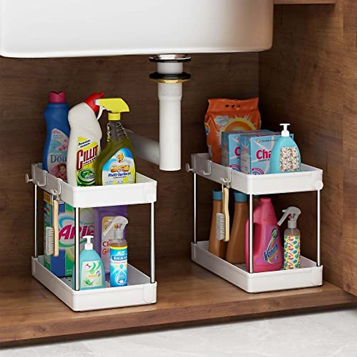 2 Pack Under Sink Organizer,2 Tier Under Sink Organizers And Storage For Kitchen Bathroom,Under Sink Cabinet Organizer，Multi-purpose Stable And Sturdy Cabinet Countertop Organizer,White