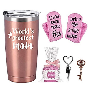Cpskup Mother's Day Gifts-World's Greatest Mom Travel Tumbler Cupcake Socks Set, Mother's Day Birthday Gifts for Mom Mother Mama New Mom, 20oz Insulated Stainless Steel Tumbler with Lids, Rose Gold