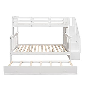 FIQHOME Stairway Twin-Over-Full Bunk Bed with Twin Size Trundle,Bunk Bed Frame Convertible into 2 Beds Storage and Guard Rail for Bedroom, Dorm, for Adults, White