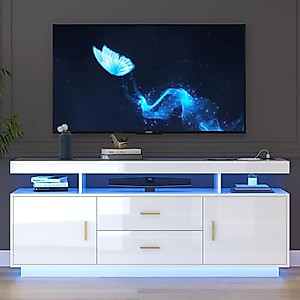 LVSOMT High Gloss Entertainment Center White with 3-Colors Lighting, LED Modern TV Stand for 65+ inch TV, Home Storage Cabinet, Console Media Cabinet for Living Room (Pearl White)