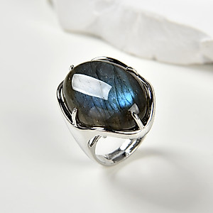 Natural Stone Adjustable Finger Rings Semi Precious Oval Shaped Gemstone Jewelry For Women Anniversary Birthday Wedding Gift (AA Quality Labrodarite)