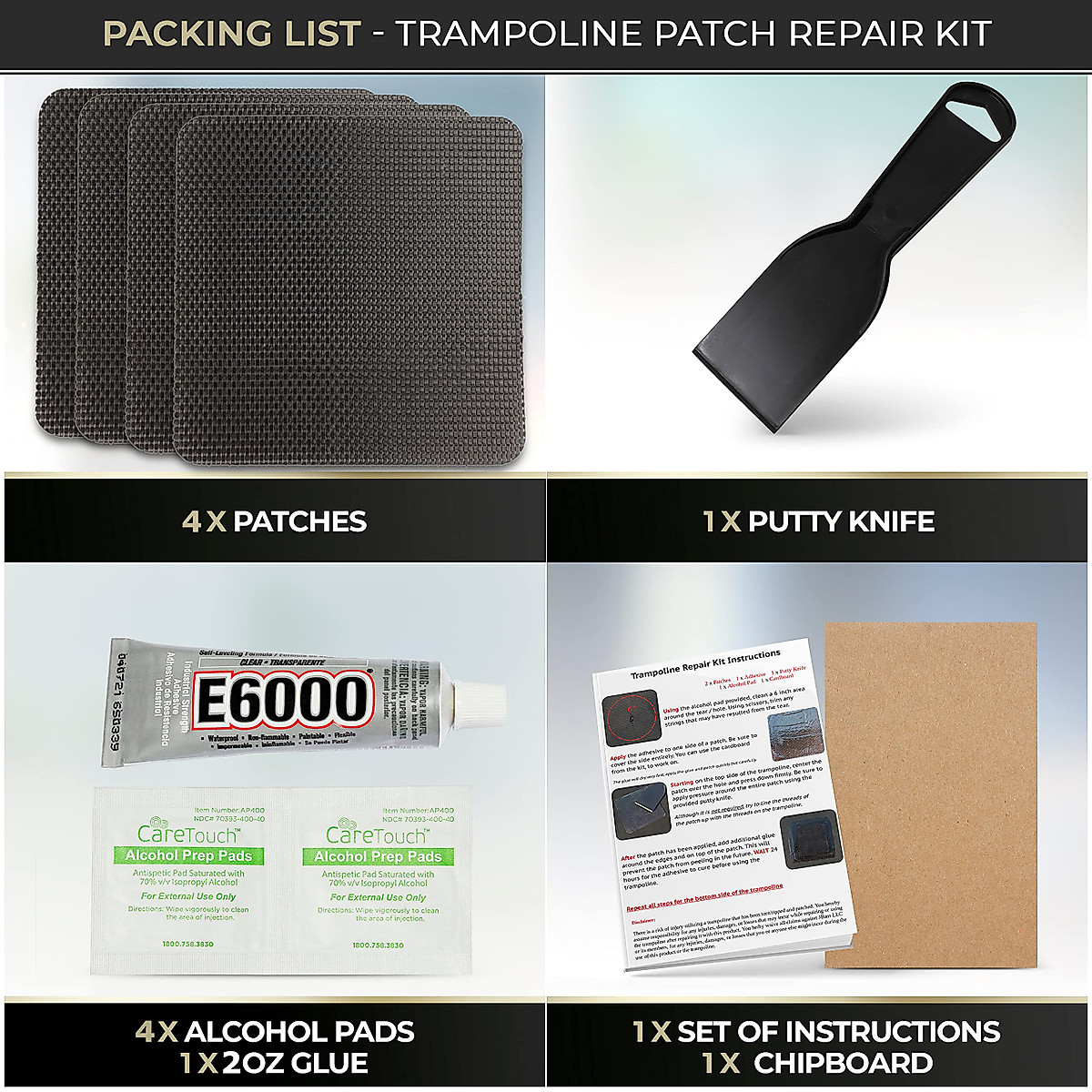 Trampoline Repair Patch Kit 4 x 4 Square Patches for Repairing Holes or tears in a Trampoline Mat (Square)
