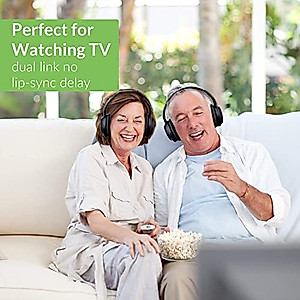 Avantree Opera Dual Link Bundle - Wireless Headphones High Volume for Seniors, Hearing Impaired (Set of 2) & Bluetooth 5.0 Transmitter Charging Dock, Long Range, Audio Bypass for Soundbar, No Delay