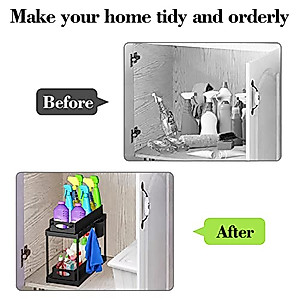 GzfunTeng Under Kitchen Sink Organizer and Storage, 2 Tier Sliding Bathroom Organizer, Pull Out Cabinet Organizer with 4 Hooks, 1 Hanging Cups, Finishing Storage Rack