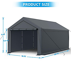 Raxmolo 10x20FT Heavy Duty Carport, Portable Garage with Removable Sidewalls and Doors for Car, Truck, SUV, UV Resistant Waterproof Carport Canopy for Outdoor, All-Season Tarp for Car (Gray)