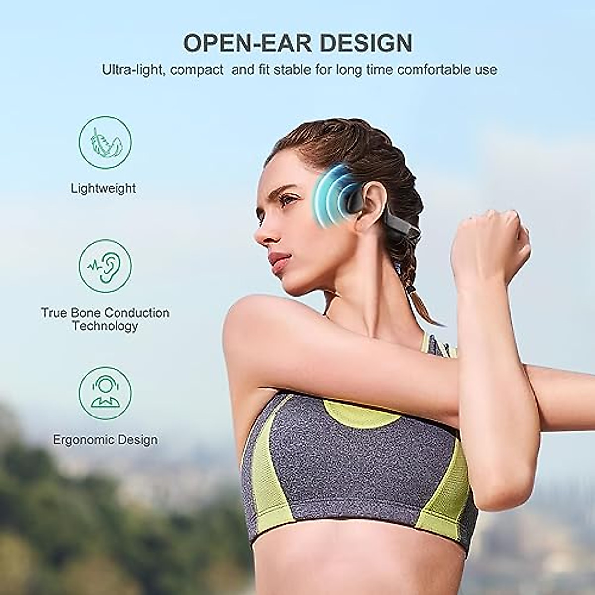 Qaekie Bone Conduction Headphones - Bluetooth 5.3 Open Ear Headphones with HD Mic,12hrs Playtime Deep Bass Sport Wireless Headphones,Sweatproof Bone Headphones for Running,Cycling,Hiking,Driving