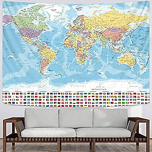 KYKU Small World Map Tapestry World Tapestries Globe Map Tapestry Flags Travel Classroom Decor Earth Decorations Party (51.2 x 59.1)