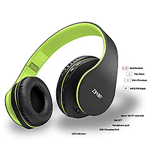 ZIHNIC Bluetooth Headphones Over-Ear, Foldable Wireless and Wired Stereo Headset Micro SD/TF, FM for Cell Phone,PC,Soft Earmuffs &Light Weight for Prolonged Wearing(Black/Green)