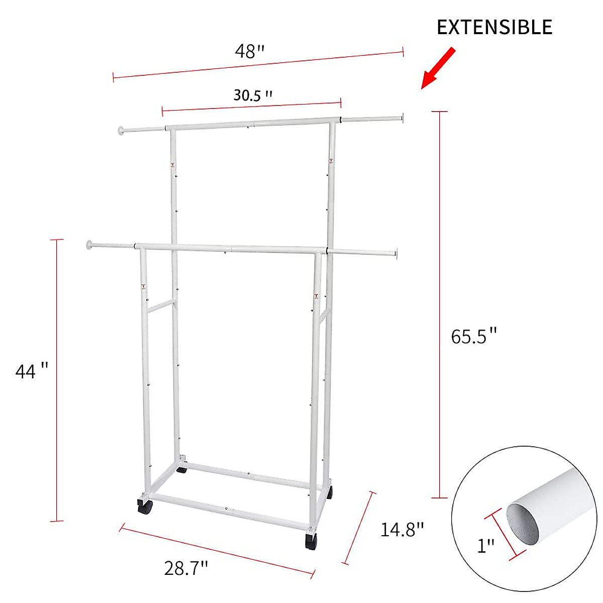 Fishat Simple Standard Double Rod Clothing Metal Garment Rack, Rolling Clothes Organizer on Lockable Wheels (White)