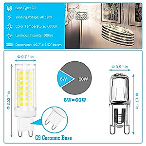 hansang G9 Led Light Bulb,6W Chandelier Light Bulbs (60W Halogen Equivalent),88PCS LED,6000K Daylight White,Non-dimmable,G9 Bi Pin Base,360 Degrees Beam Angle,600LM,Pack of 6
