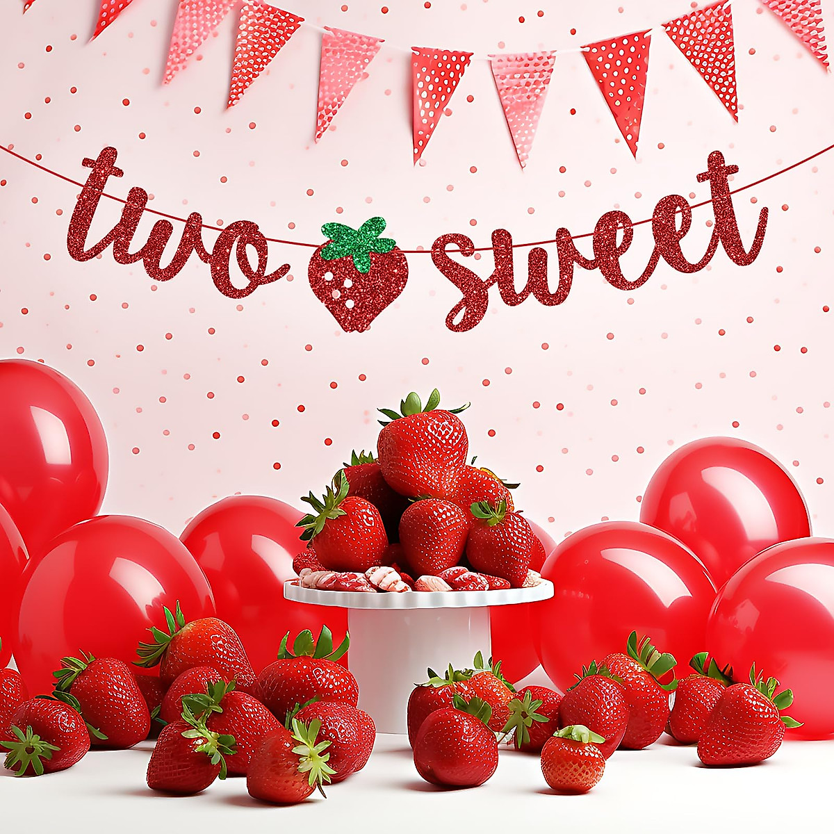 Strawberry Two Sweet Banner, Baby 2nd Birthday Banner, Strawberry Themed 2nd Birthday Baby Shower Party Decorations Red Glitter