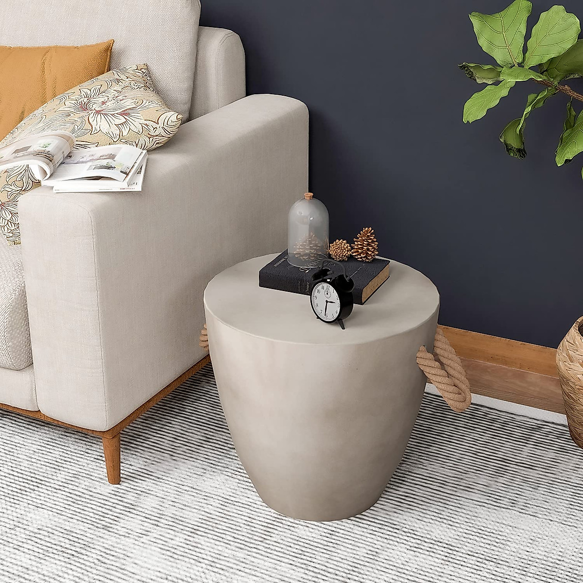 HOMPUS Concrete Outdoor Side Table Drum Accent Light Gray Modern End Table, Round Coffee Table with Rope Handle Garden Stool Decor for Garden, Indoor, Living Room