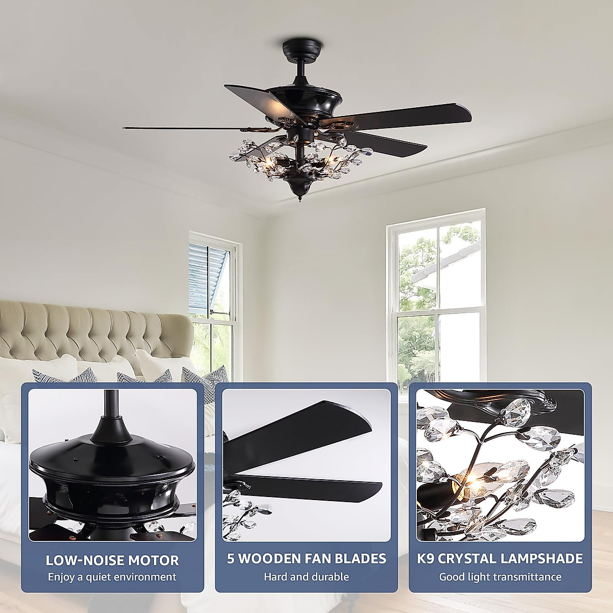 CROSSIO Modern Crystal Chandelier Ceiling Fan Gorgeous Reversible Ceiling Fan Light Fixture with Remote for Bedroom Living Room (Black-2, 50")