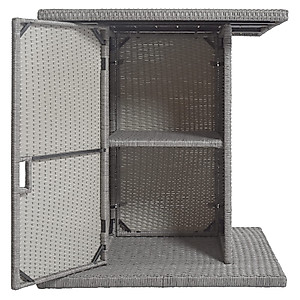 Lepfun Patio Bar Counter Height Bistro, Outdoor 5-Piece PE Rattan Dining Set, All-Weather Wicker Square Kitchen Table with Storage Shelf and 4 Padded Stools, Grey