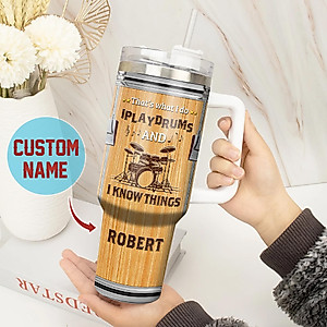 WAZONE Personalized Drummer Nutrition Facts Tumbler 40oz with Handle and Straw Custom Name I Play Drums And I Know Things Funny Saying Music Travel Mug Cool Gifts For Drummers Enthusiast Men