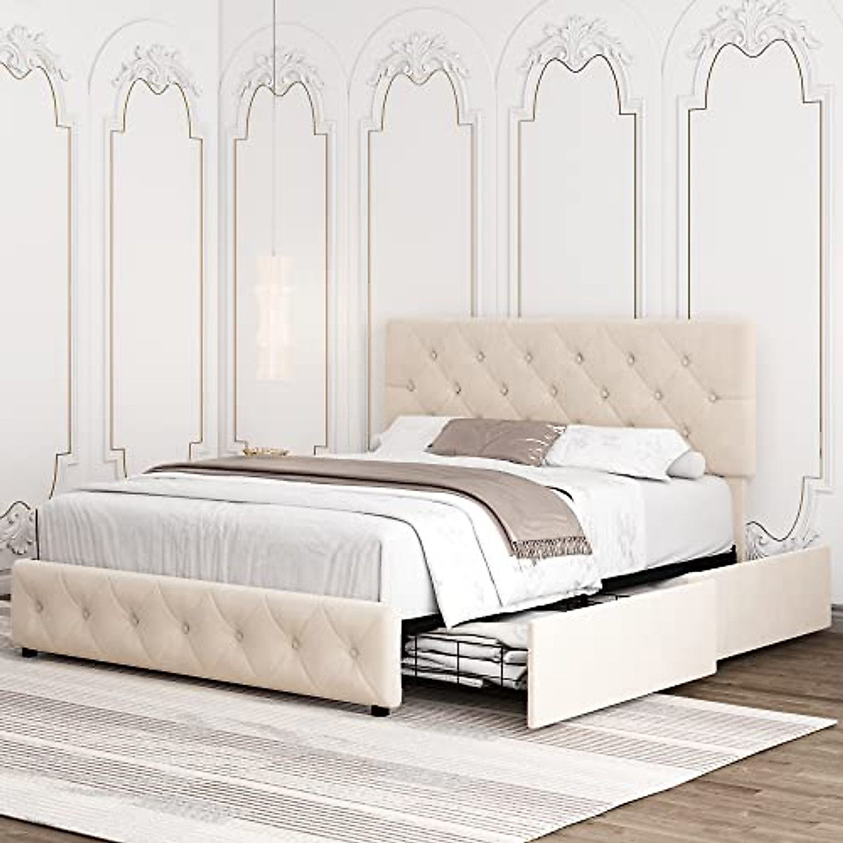 Queen Bed Frame with Storage and Adjustable Headboard, Bed Frame with 4 Drawers and Wooden Slats Support, No Box Spring Needed, PU, Beige