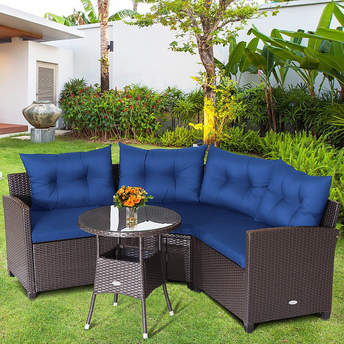 Tangkula 4 Piece Outdoor Sectional Sofa Set, Half-Moon All Weather Heavy Duty Corner Patio Furniture Set with Round Side Table, Soft-Padded Cushions, for Backyard, Poolside, Deck (Navy)