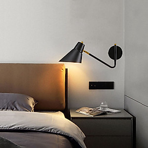 DEVINK Retro Plug in Wall Light with Switch, Long Arm Bed Lamp Wall Sconce Lamp Adjustable Wall Reading Lights with 1.8m Cord, Indoor E27 Light Fixture for Bedroom Living Room Bathroom,Black