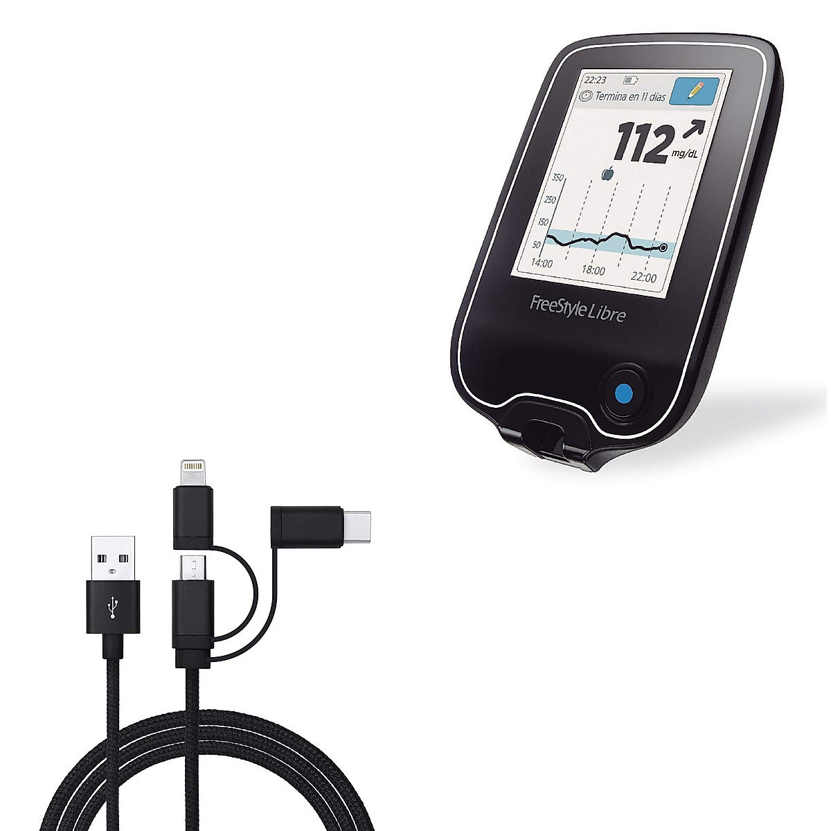 BoxWave Cable Compatible with Freestyle Libre Reader - AllCharge 3-in-1 Cable - Jet Black