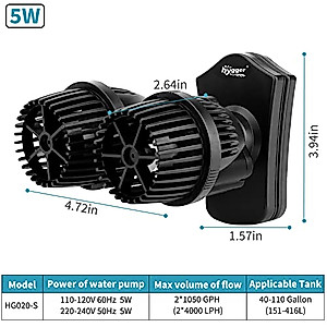 hygger 2100GPH Double Head Aquarium Wave Maker, Quiet 5W Aquarium Circulation Pump, with Strong Magnetic Suction Base, 360°Adjustable Power Head, for 40~110 Gal Tank