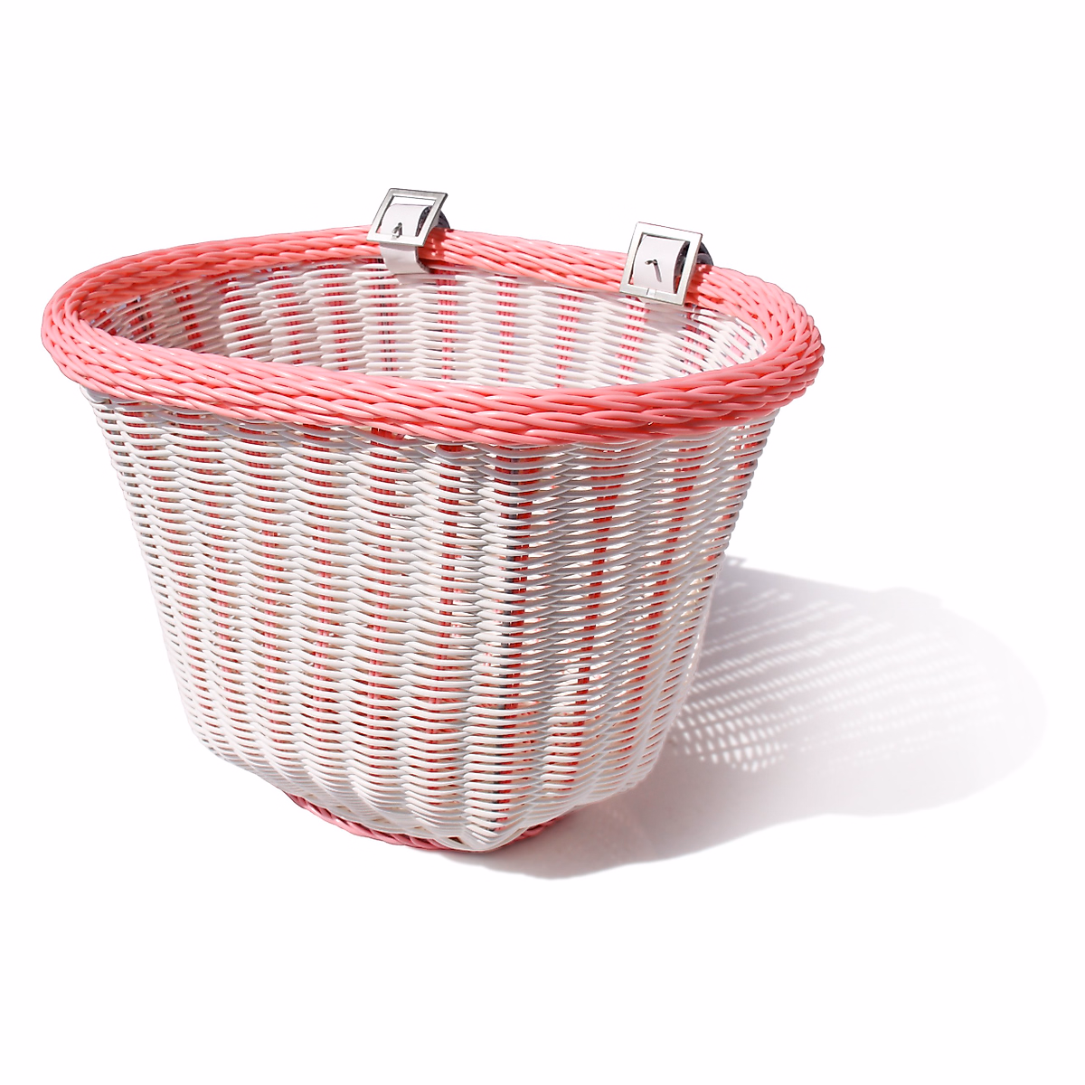 Schwinn Perla Adult Beach Cruiser Bike & Colorbasket 01334 Adult Front Handlebar Bike Basket, All Weather, Water Resistant, Adjustable Leather Straps, White with Pink Trim