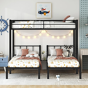 Bellemave Triple Bunk Bed for 3 Metal Twin Over 2 Twin Bunk Bed with Shelf for Kids Boys Girls, Detachable Triple Bunk Bed Can be Divided Into Three Beds, Black