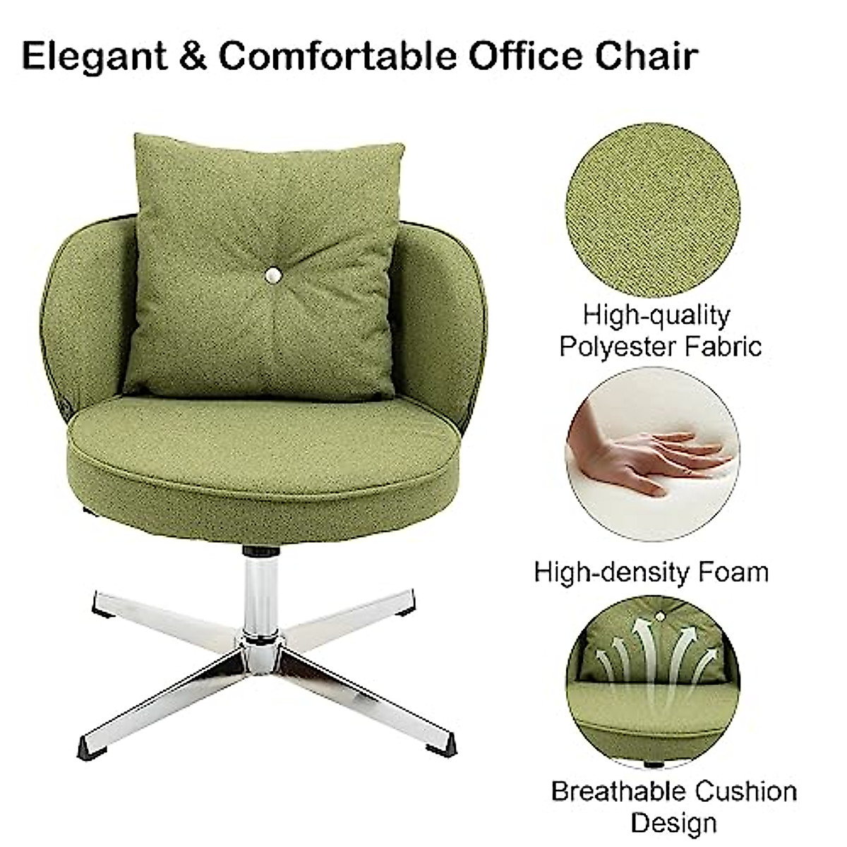Pvillez Office Desk Chair No Wheels Polyester Fabric Armless Home Office Desk Chair Office Chair Vanity Chair Adjustable Swivel Home Office Computer Chair Task Chair w/Pillow&Silver Base (Green)