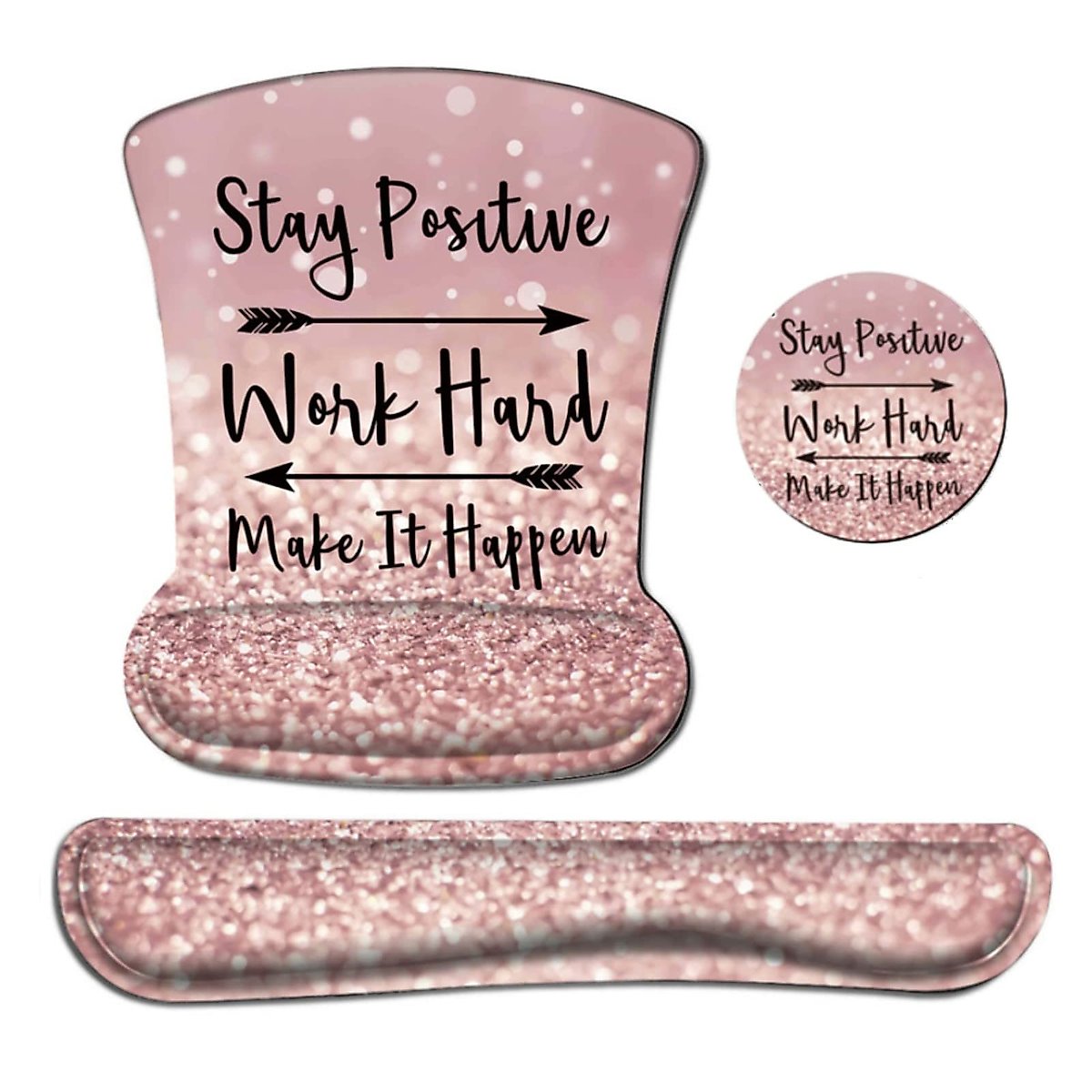 iCasso Ergonomic Mouse Pad with Wrist Support Set, Keyboard Wrist Rest+ Mouse Wrist Rest Pad + Coaster, Non-Slip Base Cute Mouse Mat, Pain Relieve Desk Mousepadfor Computer (Pink Stay Positive)