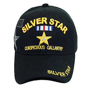 U.S. Military Official Licensed Embroidery Hat Army Navy Veteran Baseball Cap (Silver Star CONSPICUOUS Gallantry-Black)