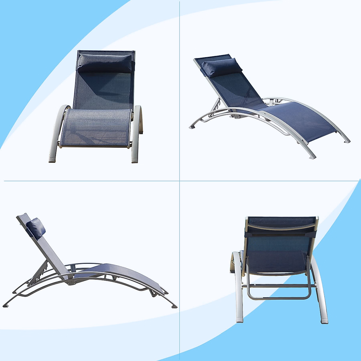 Domi Pool Lounge Chairs Set of 3, Adjustable Aluminum Outdoor Chaise Lounge Chairs with Metal Side Table, All Weather for Deck Lawn Poolside Backyard -Navy Blue Textilene