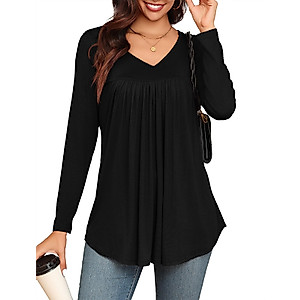 LAOLASI Womens Black Long Sleeve Tunic Tops V Neck Casual Dressy Shirts Loose Fashion Blouses Fall Winter Tops For Women,XL