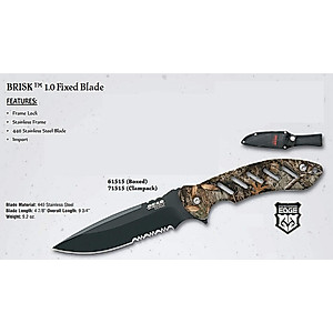 Bear Edge Brisk 1.0 Full Tang Knife, 4-7/8” 440 High Carbon Black Stainless Steel Partial Serrated Blade, Camo Handle with Ballistic Sheath (61515)
