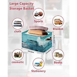 Abstract Storage Basket Turquoise Painting Large Foldable Storage Bins with Handles Modern Art Teal Gray Waterproof Fabric Laundry Baskets for Organizing Shelves Closet Toy Gifts Bedroom Home Decor