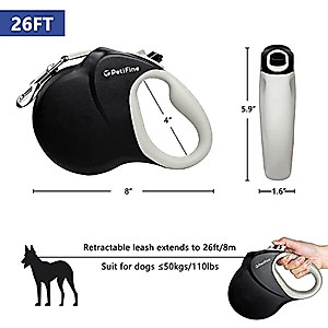 PetiFine 26ft/8m Heavy Duty Retractable Dog Leash for Large Dogs,Strong Extendable Dog Leash Up to 110 lbs, Reflective Nylon Tape Tangle Free(Black,New)