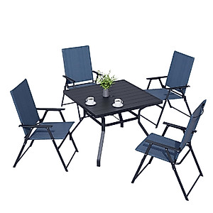 Anmutig 5 Piece Outdoor Patio Dining Set, Outdoor Furniture with 4 Folding Chairs and 37" Square Metal Dining Table for Yard, Garden, Porch and Poolside, Blue