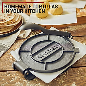 Uno Casa Cast Iron 10 Inch Tortilla Press - Pre-Seasoned Quesadilla Maker, Tortilla and Roti Maker With Bonus 100 Pcs Parchment Paper - Pataconera for Flour Tortilla, Tawa or Dosa
