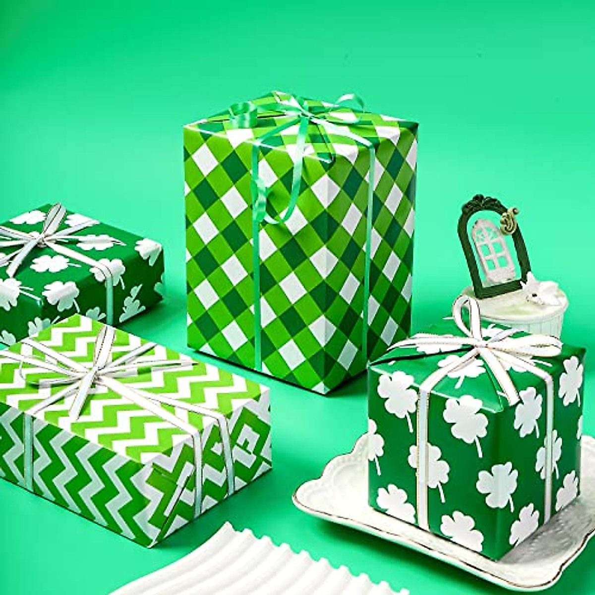 Packanewly Wrapping Paper Roll for St. Patrick Day - 17 inch x 120 inch (3-Pack, 42.3 sq.ft.ttl.) Mini Roll - Green Color Design with Geometry, Four-leaf Clovers，Wave
