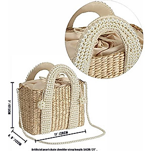 FUSMIC Women's Handbag Straw Handmade Artificial Pearl Rattan Weave Tote Shoulder Bag Beige