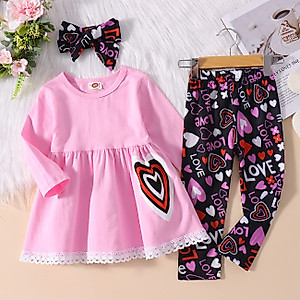 Ritatte Toddler Girls Valentine's Day Outfits Solid Color Ruffle Tunic Tops Love Heart Pants Headband 3Pcs Fall Winter Clothes(Pink, 3T)