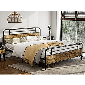 IKIFLY King Size Metal Platform Bed Frame with Wood Headboard Footboard, Heavy Duty Steel Slats, 12" Under Bed Storage, Mattress Foundation, No Box Spring Needed - King/Rustic Brown