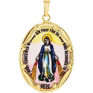 Bonyak Jewelry 14k Yellow Gold 13x10 mm Miraculous Hand-Painted Porcelain Medal