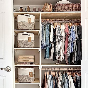 Goodpick Woven Storage Basket for Shelves, Cotton Rope Dog Toy Bin, Empty Gift Basket with Handles, Square Baskets for Storage Shelves, Brown and White Storage Bin, 13.5 x 11 x 9.5 Inches